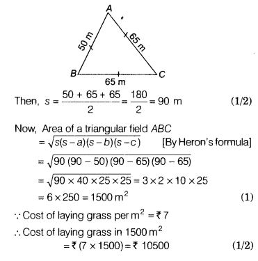 Find cost of laying grass in a triangular field of sides 50m, 65m and ...